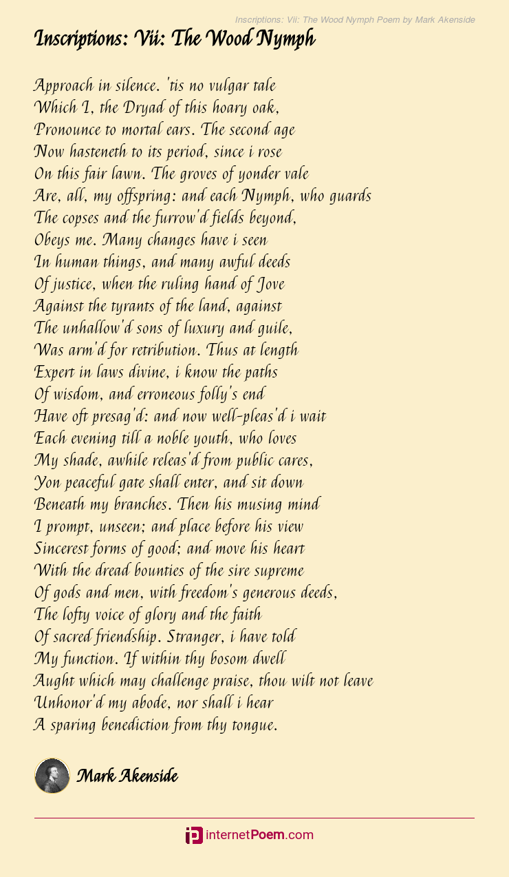 Inscriptions: Vii: The Wood Nymph Poem by Mark Akenside