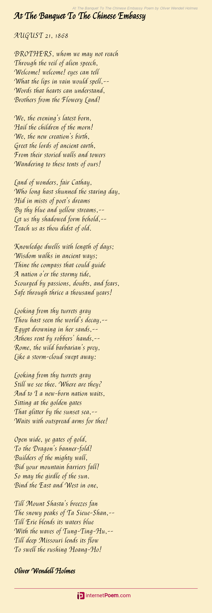 At The Banquet To The Chinese Embassy Poem by Oliver Wendell Holmes