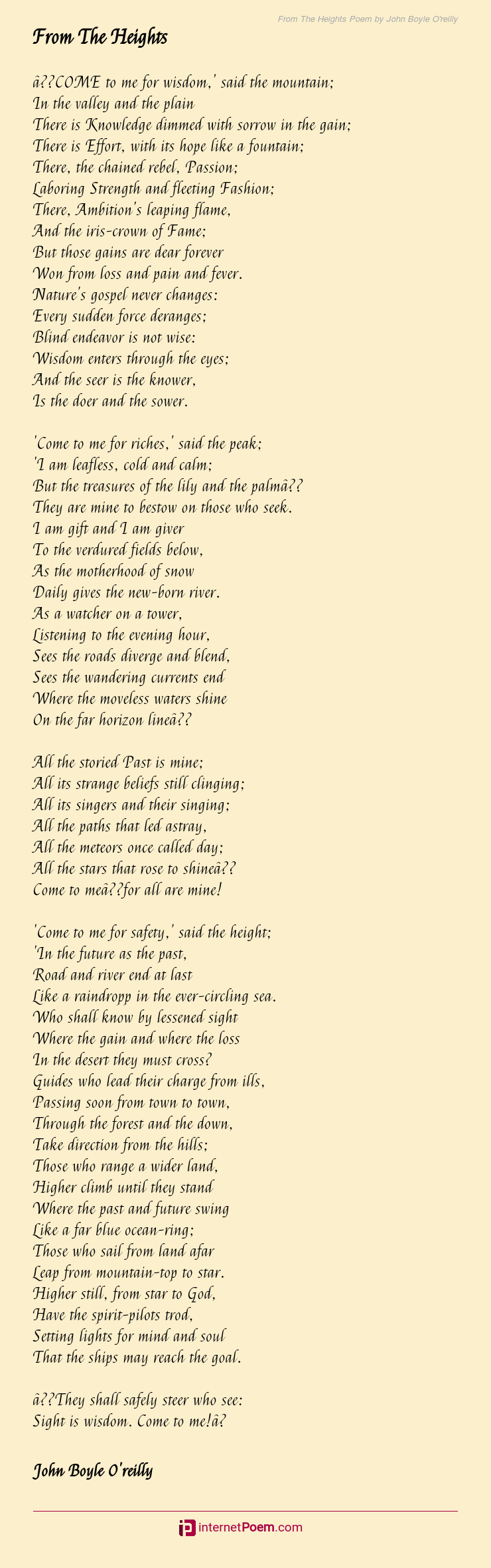 From The Heights Poem by John Boyle O'reilly