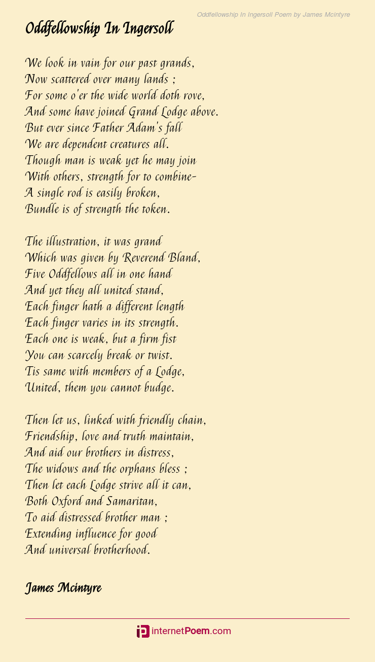 Oddfellowship In Ingersoll Poem by James Mcintyre