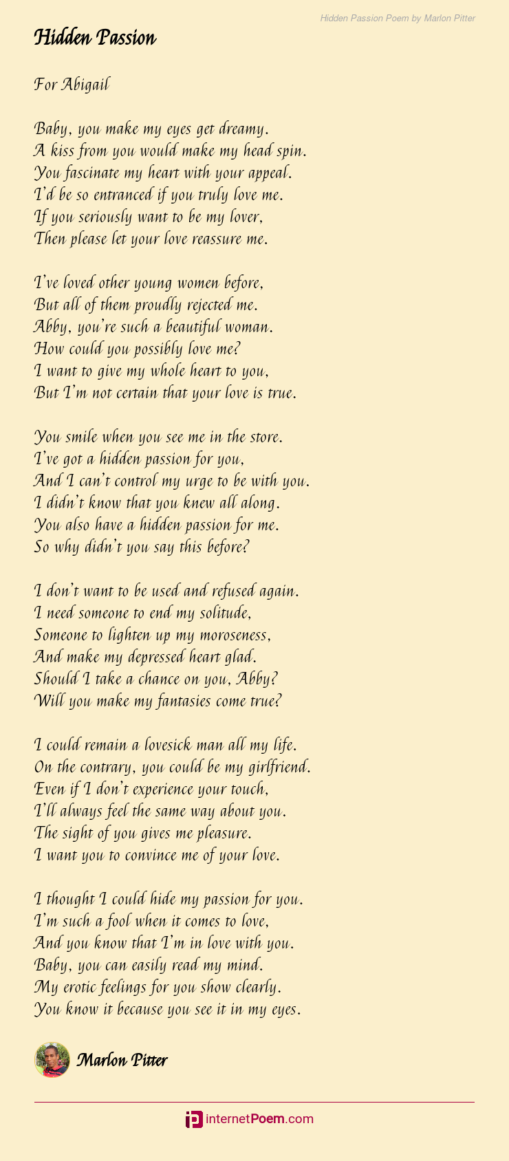 Hidden Passion Poem by Marlon Pitter