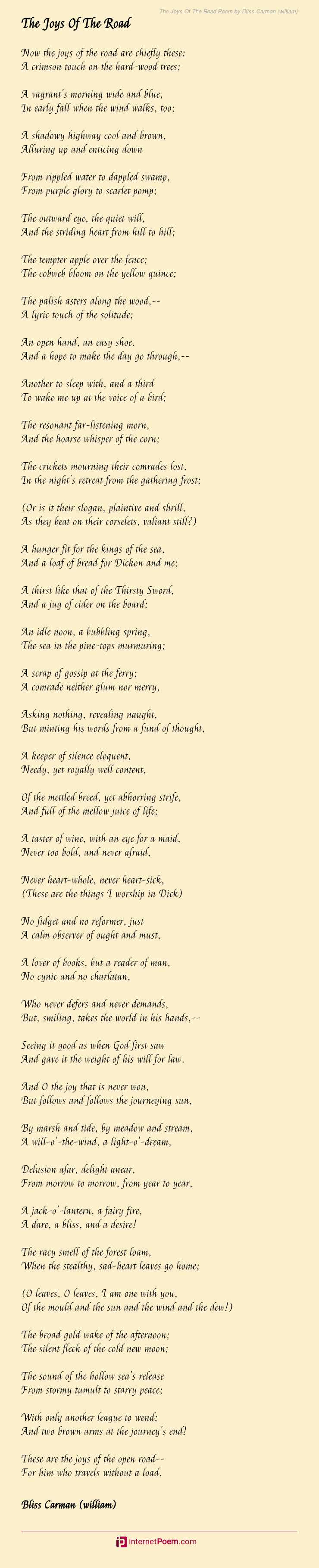 The Joys Of The Road Poem by Bliss Carman (william)