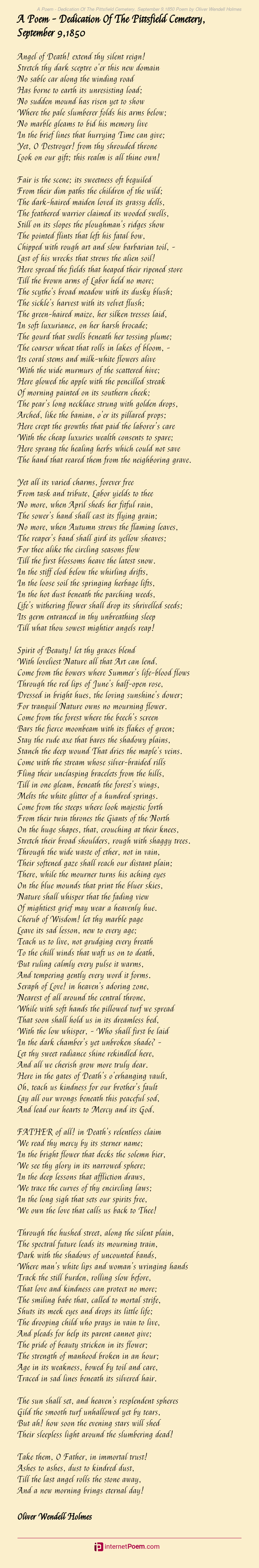 A Poem - Dedication Of The Pittsfield Cemetery, September 9,1850 Poem ...