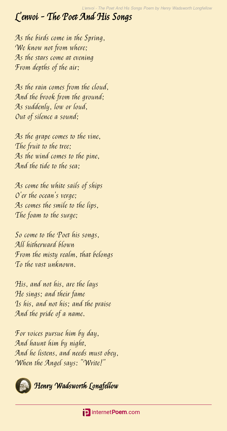 L'envoi - The Poet And His Songs Poem by Henry Wadsworth Longfellow