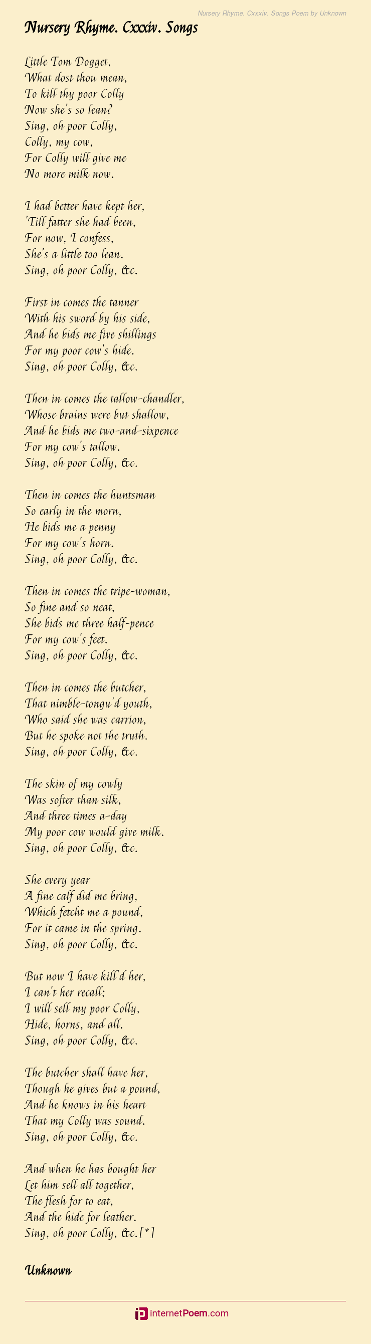 Nursery Rhyme. Cxxxiv. Songs Poem by Unknown