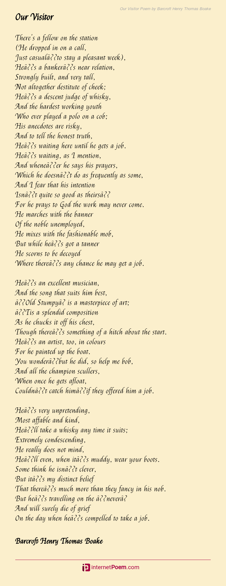 Our Visitor Poem by Barcroft Henry Thomas Boake