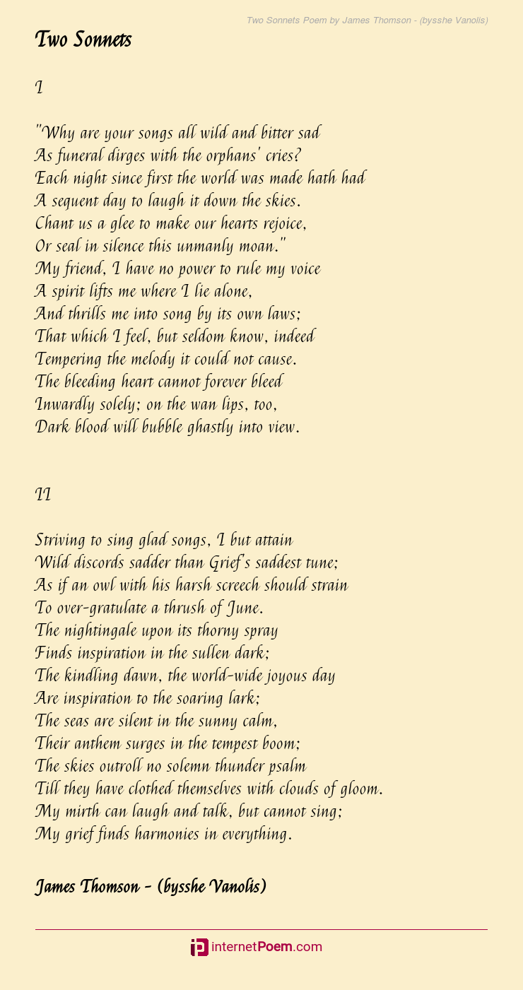 Two Sonnets Poem by James Thomson - (bysshe Vanolis)
