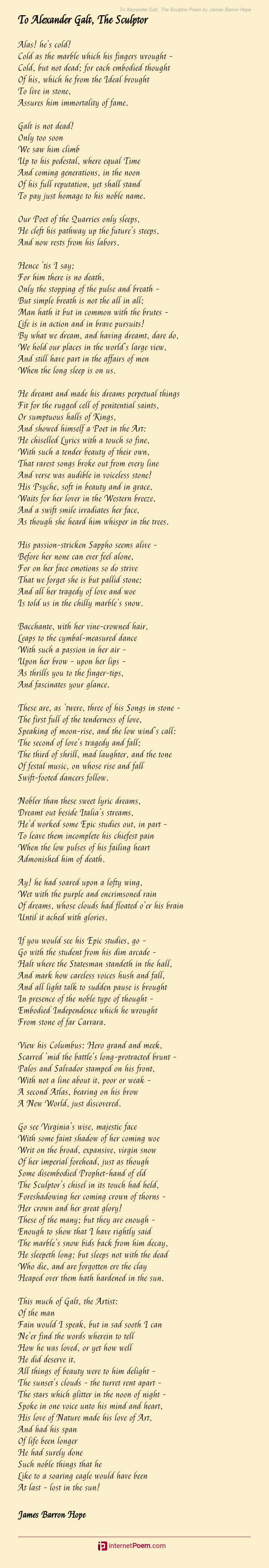 To Alexander Galt, The Sculptor Poem by James Barron Hope