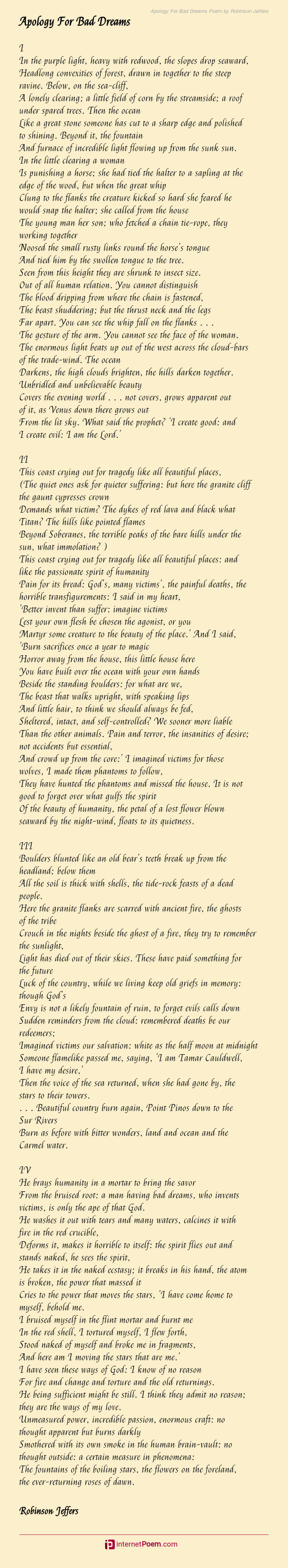 Apology For Bad Dreams Poem by Robinson Jeffers