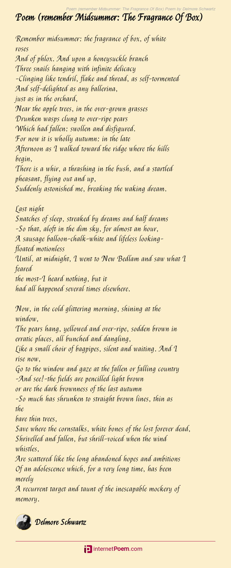 Poem (remember Midsummer: The Fragrance Of Box) Poem by Delmore Schwartz