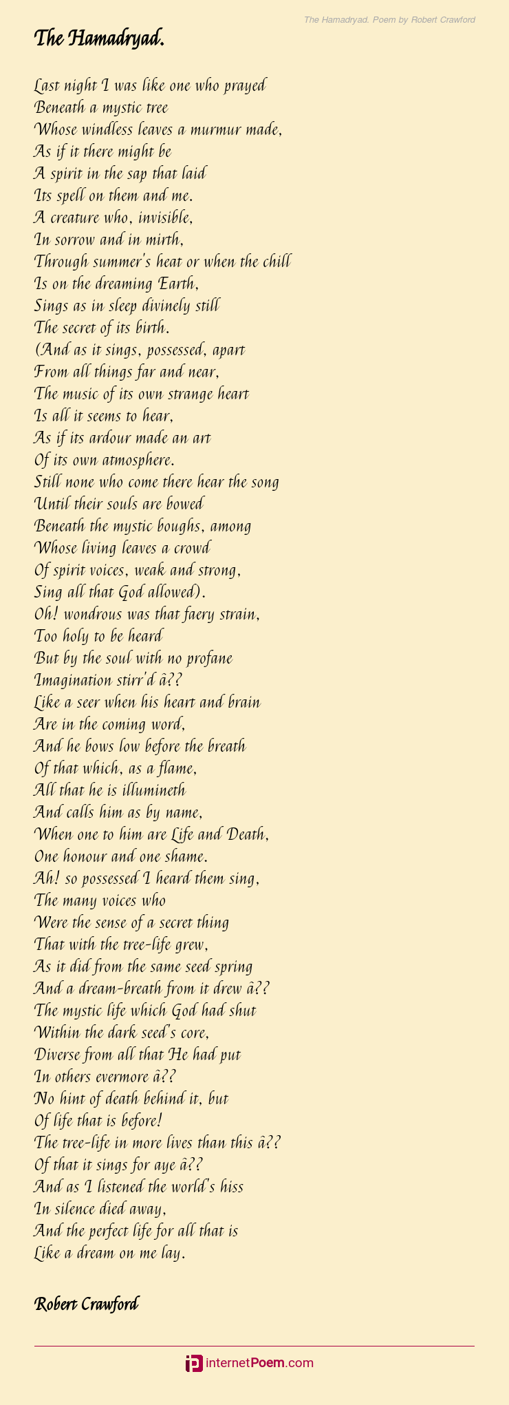 The Hamadryad. Poem by Robert Crawford