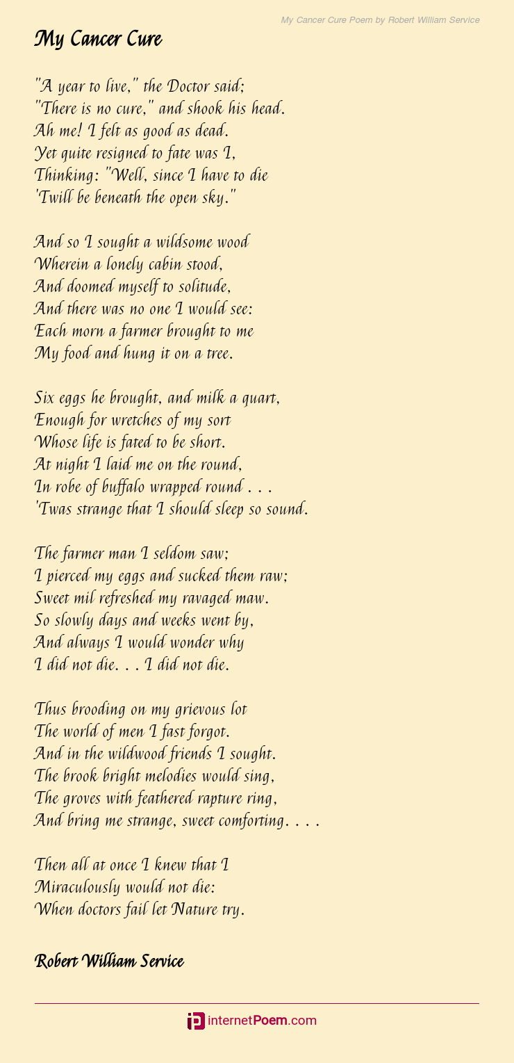 My Cancer Cure Poem by Robert William Service