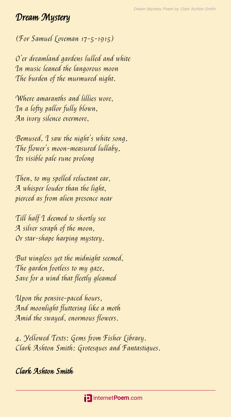 Dream Mystery Poem by Clark Ashton Smith