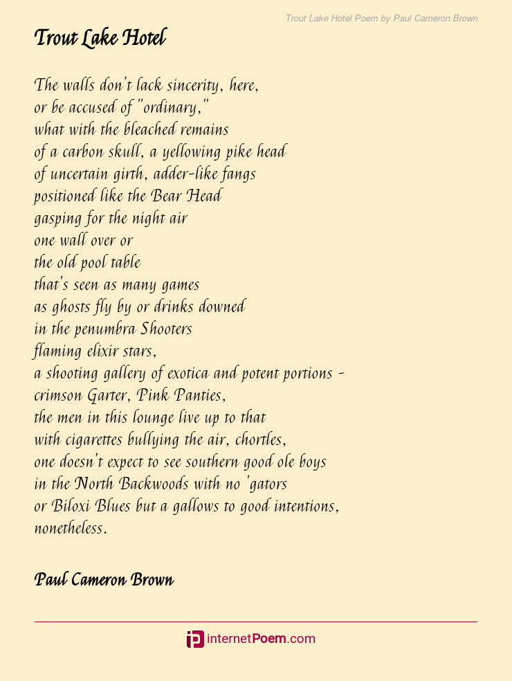 Trout Lake Hotel Poem by Paul Cameron Brown