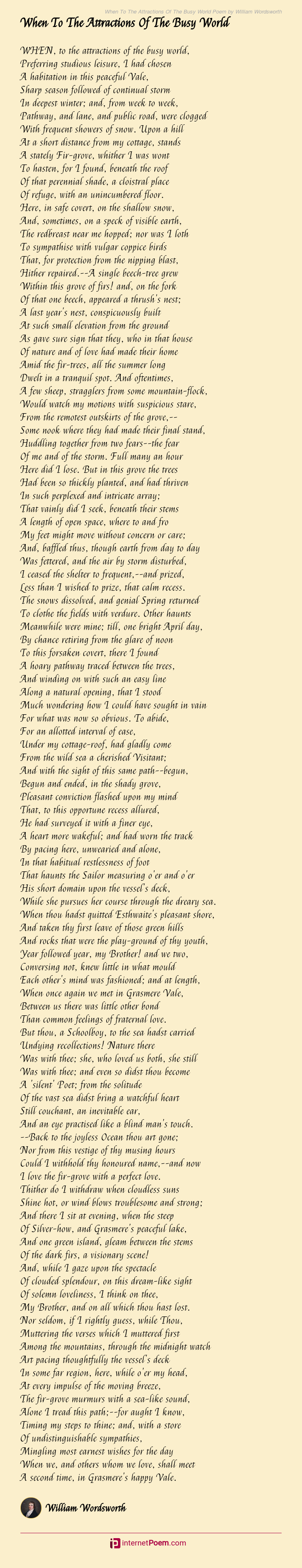 When To The Attractions Of The Busy World Poem by William Wordsworth