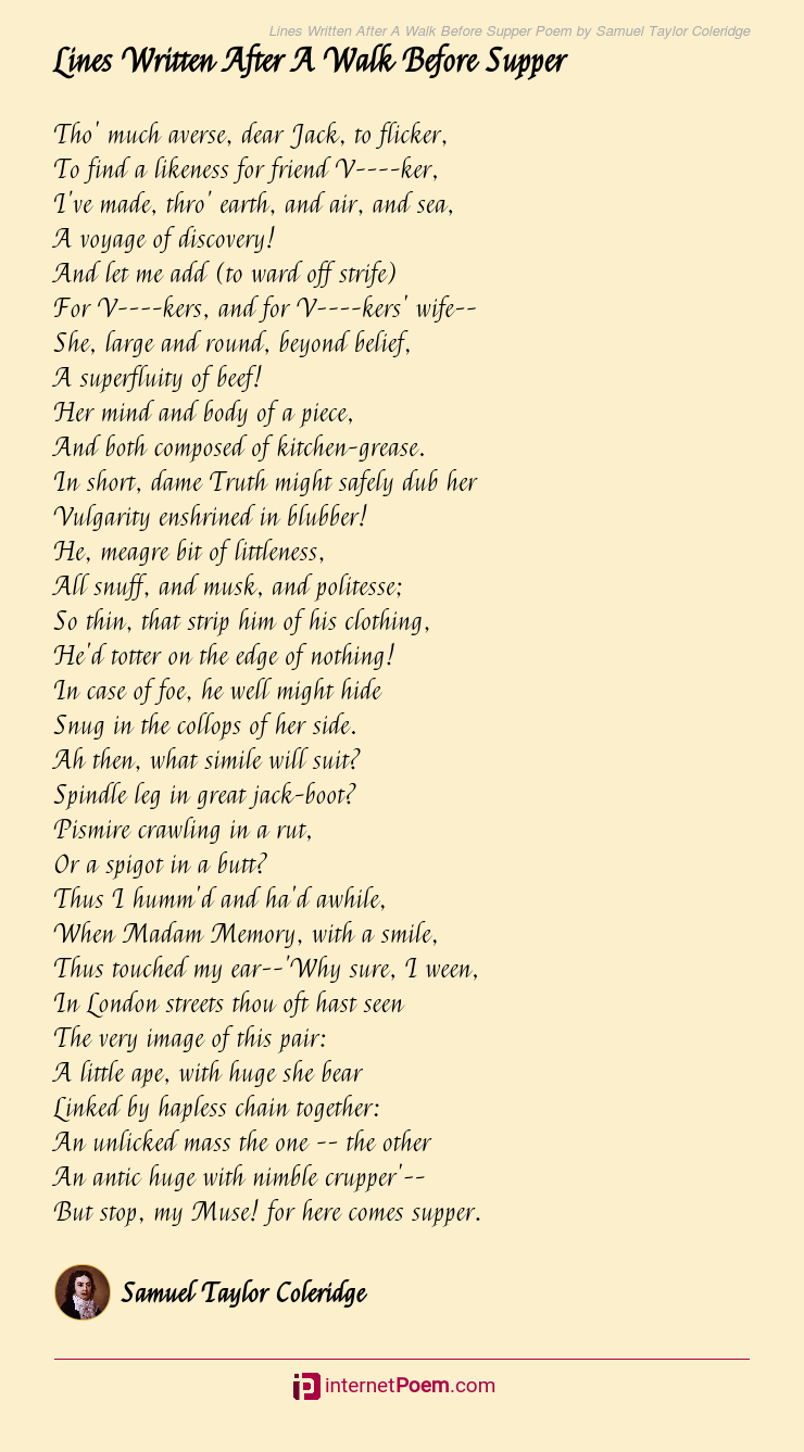 Lines Written After A Walk Before Supper Poem by Samuel Taylor Coleridge