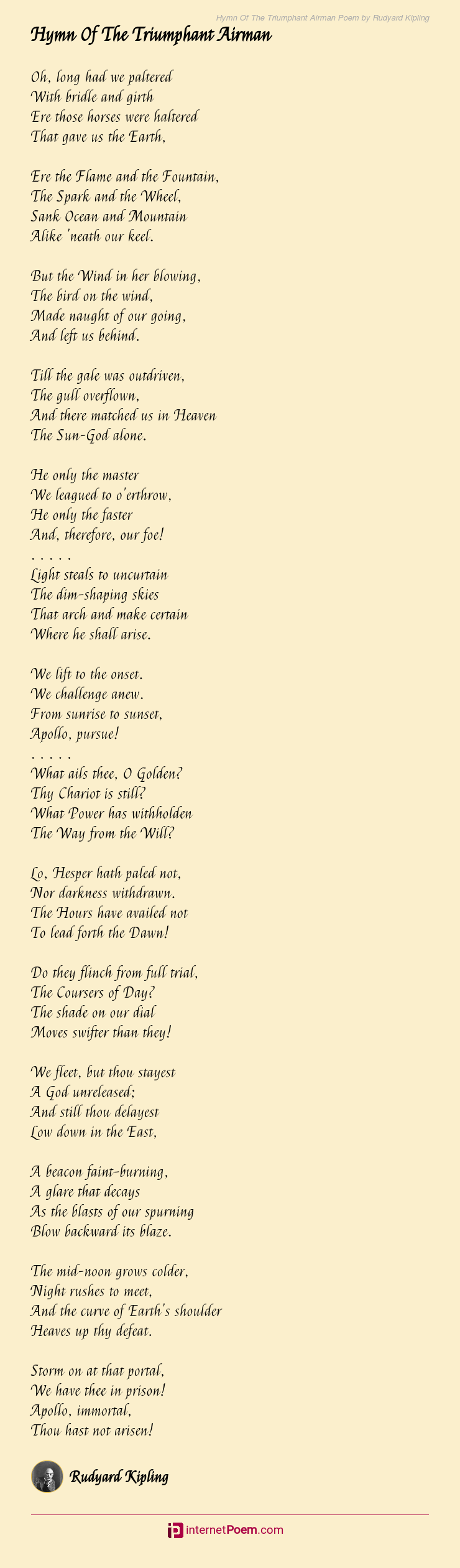 Hymn Of The Triumphant Airman Poem by Rudyard Kipling