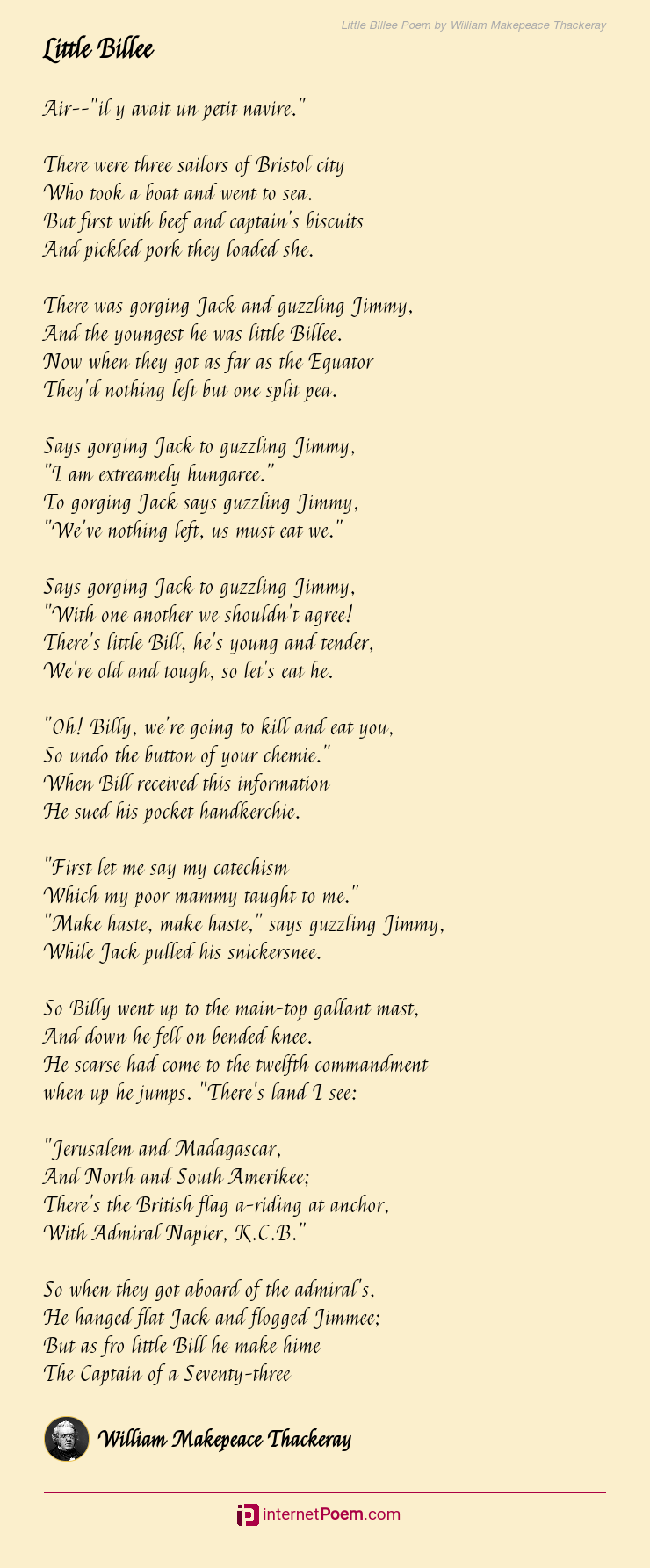 Little Billee Poem by William Makepeace Thackeray