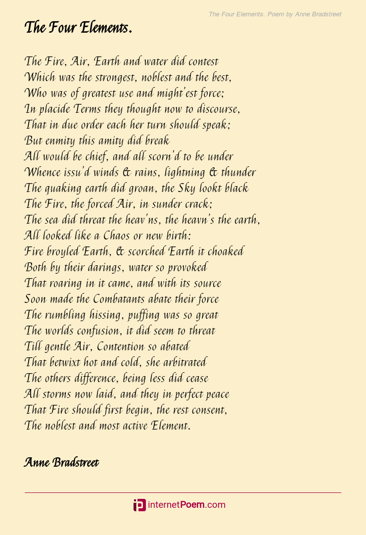 The Four Elements. Poem by Anne Bradstreet