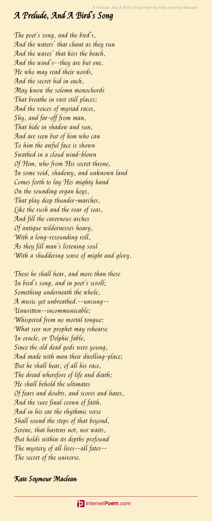 A Prelude, And A Bird's Song Poem by Kate Seymour Maclean
