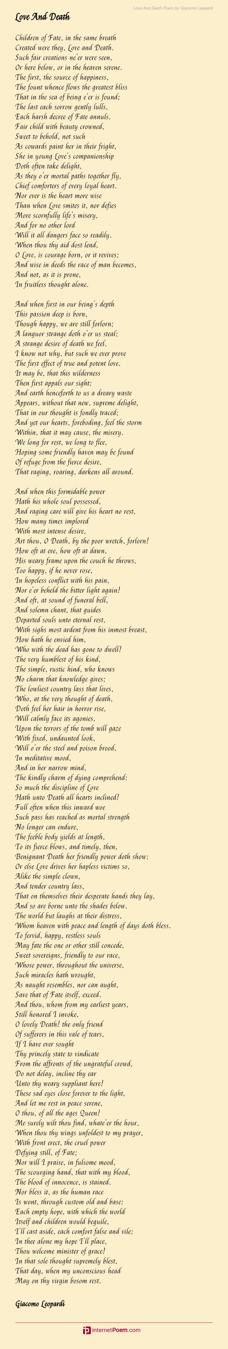 Love And Death Poem by Giacomo Leopardi
