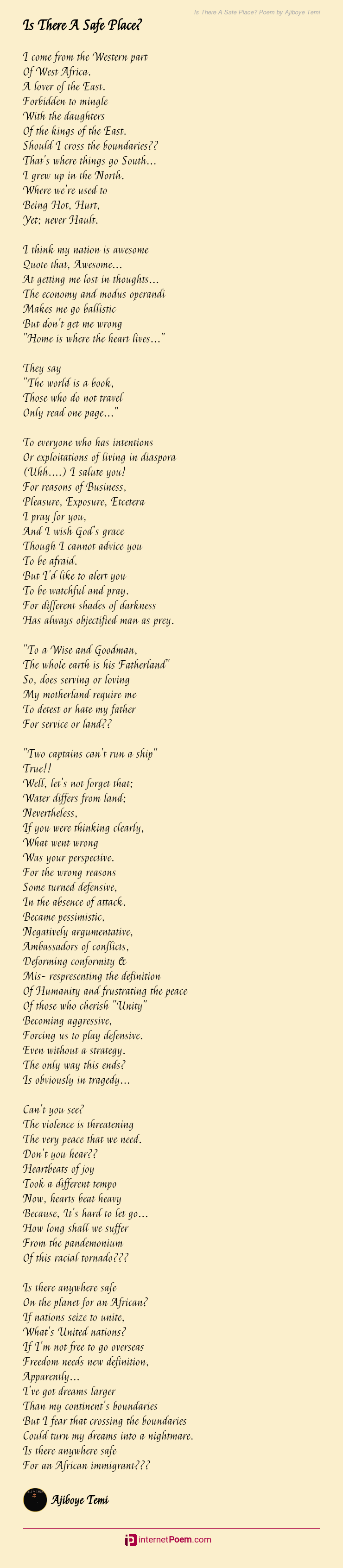 Is There A Safe Place? Poem by Ajiboye Temitopelodobaba