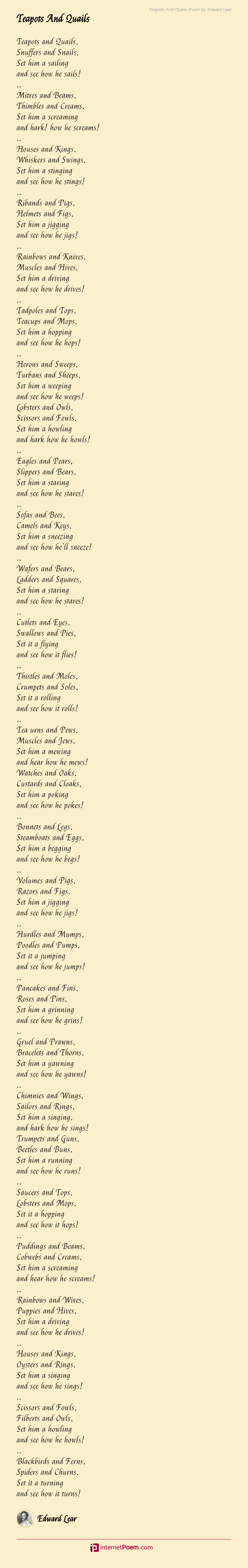 Teapots And Quails Poem by Edward Lear