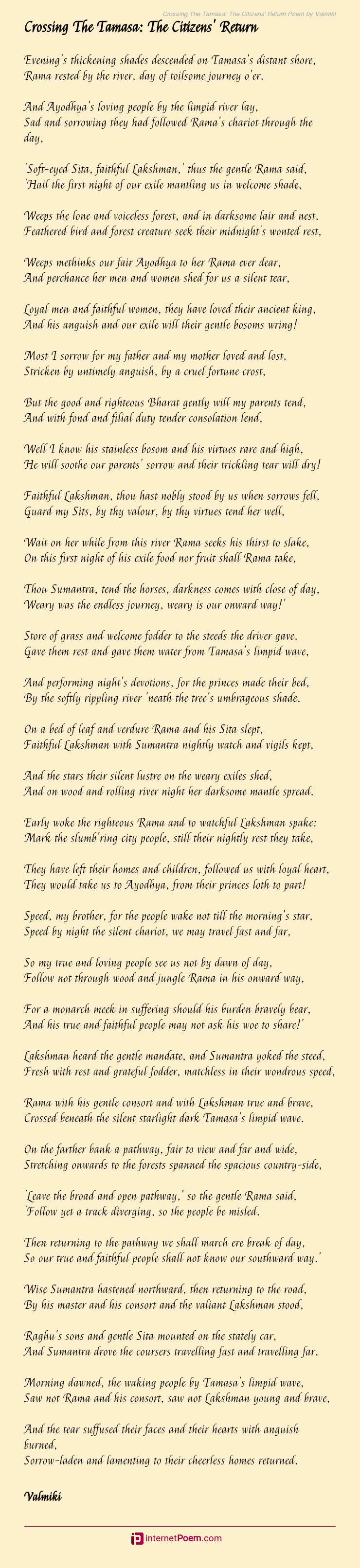 Crossing The Tamasa: The Citizens' Return Poem by Valmiki