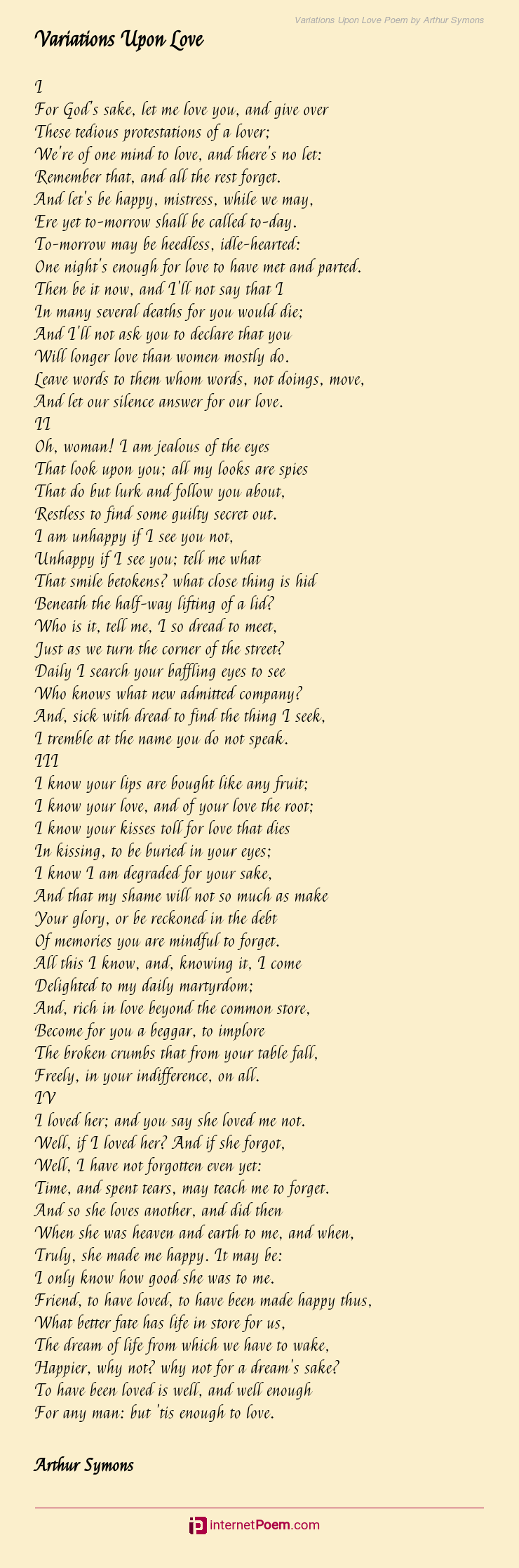 Variations Upon Love Poem by Arthur Symons