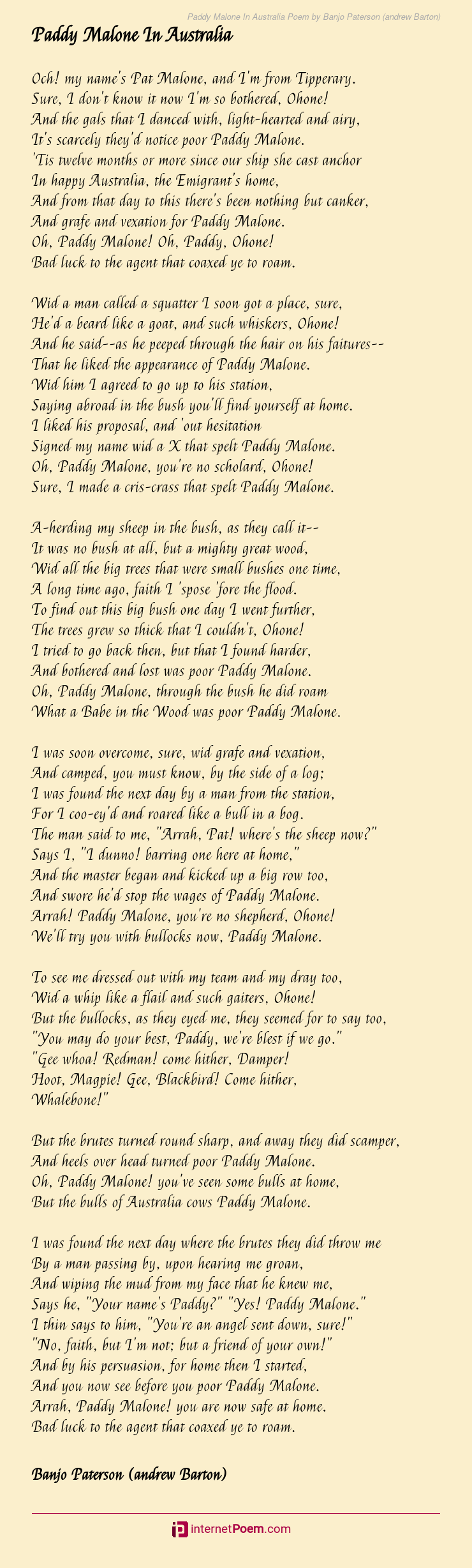 Paddy Malone In Australia Poem by Banjo Paterson (andrew Barton)