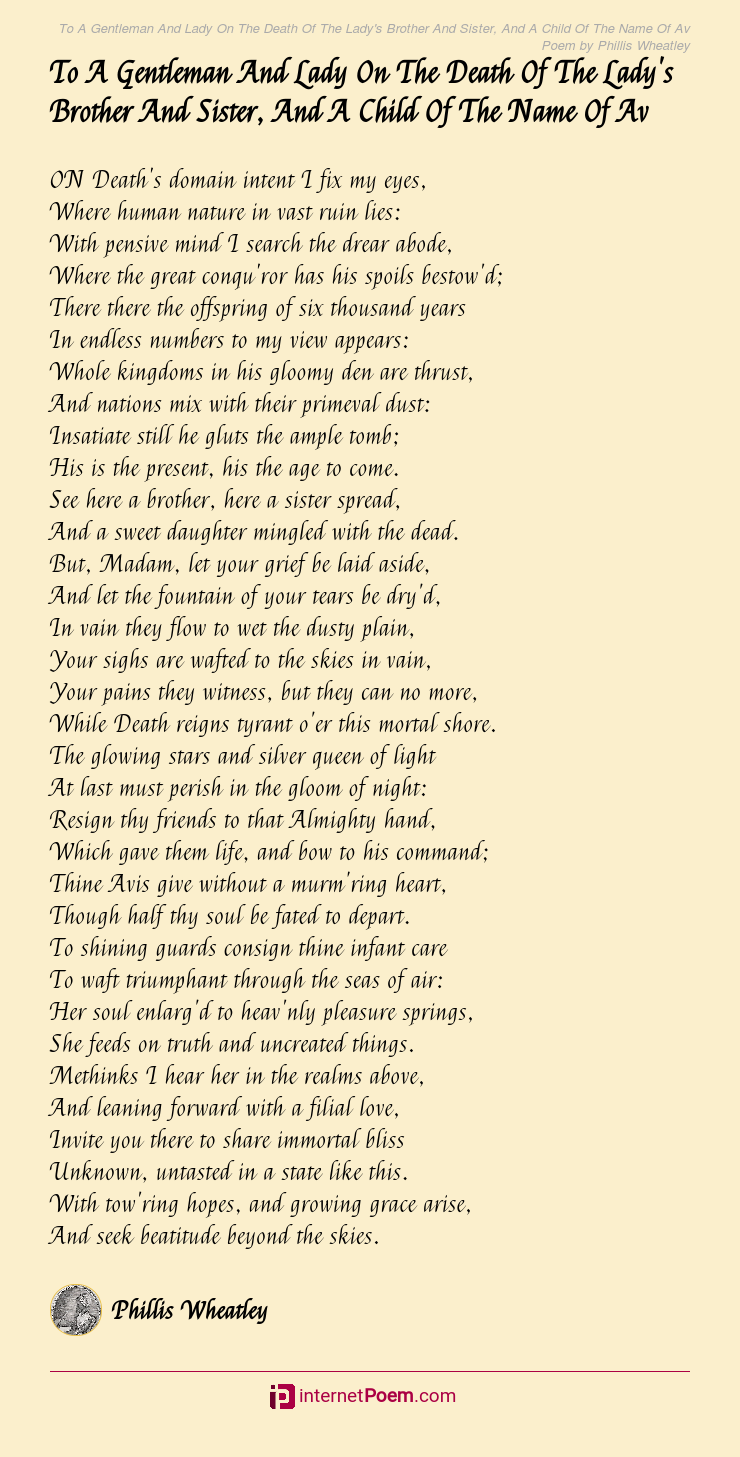 To A Gentleman And Lady On The Death Of The Lady's Brother And Sister ...