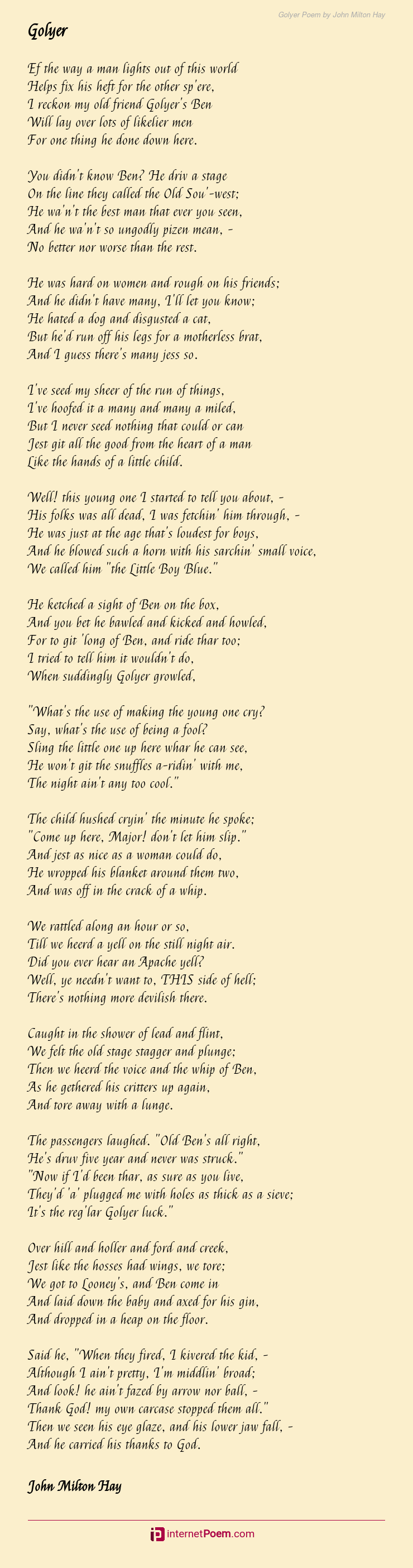 Golyer Poem by John Milton Hay