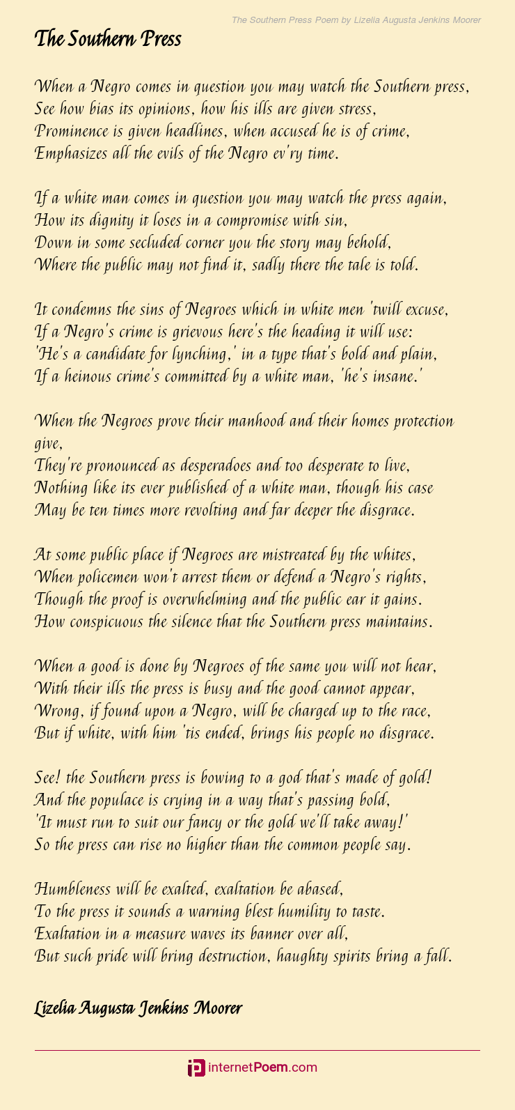 The Southern Press Poem by Lizelia Augusta Jenkins Moorer