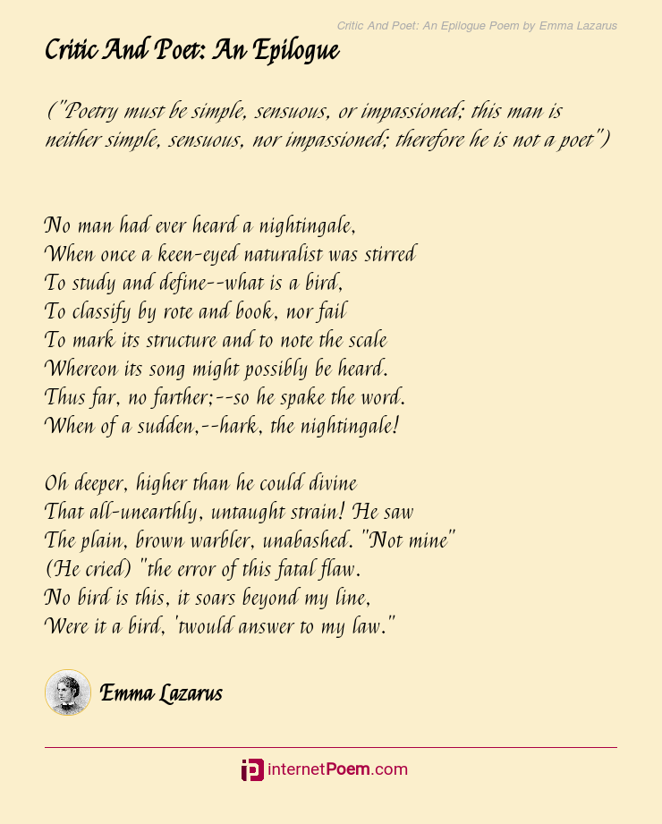 Critic And Poet: An Epilogue Poem by Emma Lazarus
