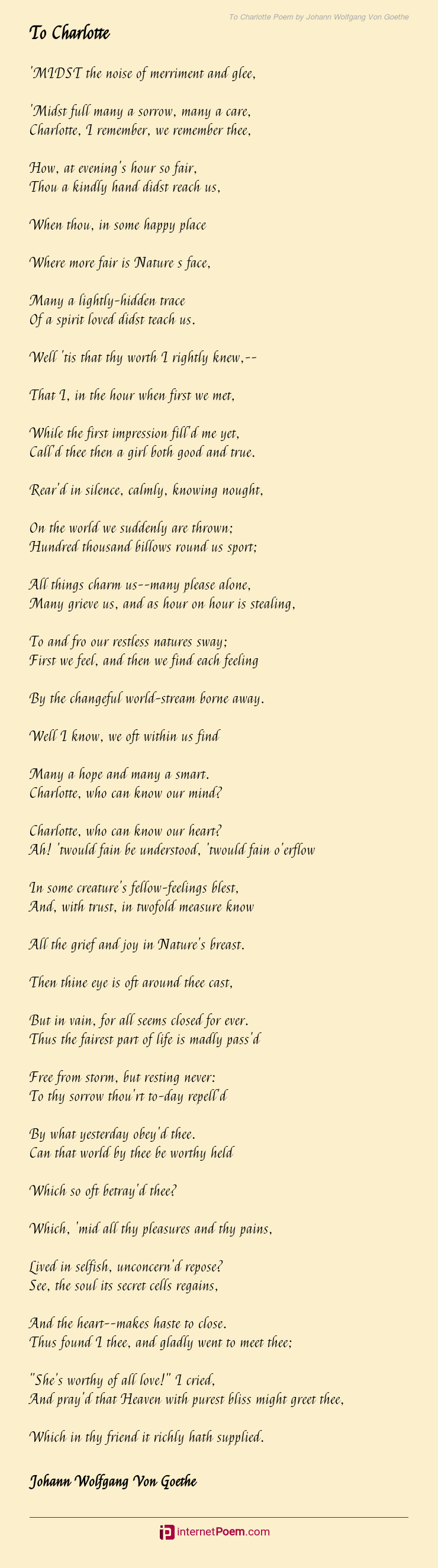 To Charlotte Poem by Johann Wolfgang Von Goethe