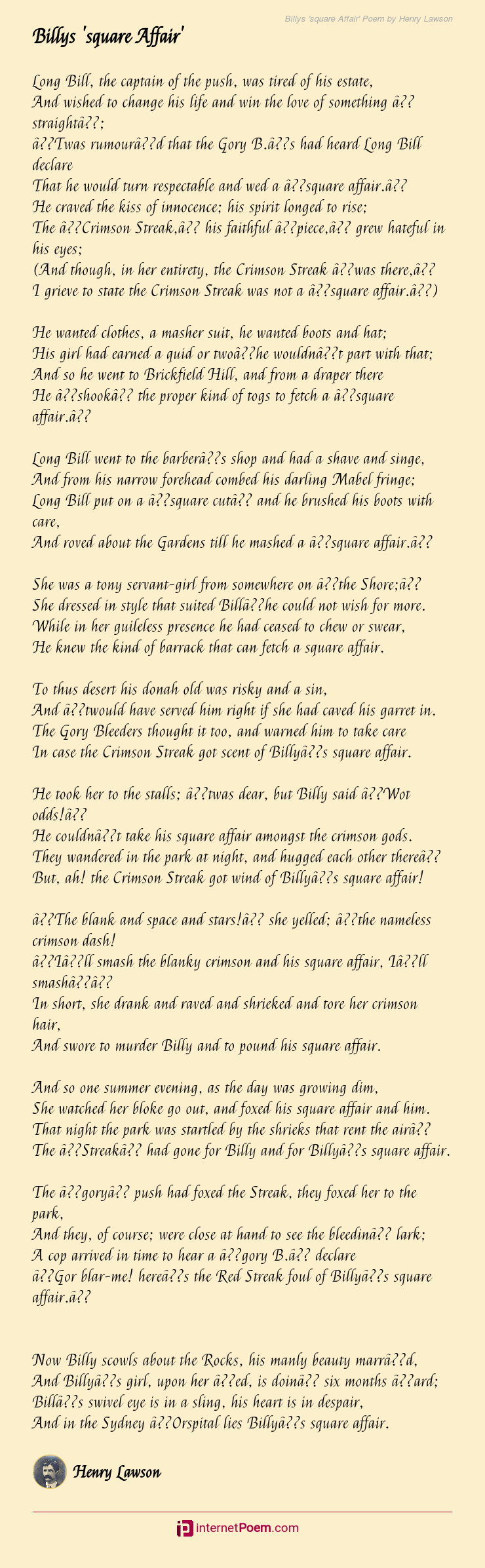 Billys 'square Affair' Poem by Henry Lawson
