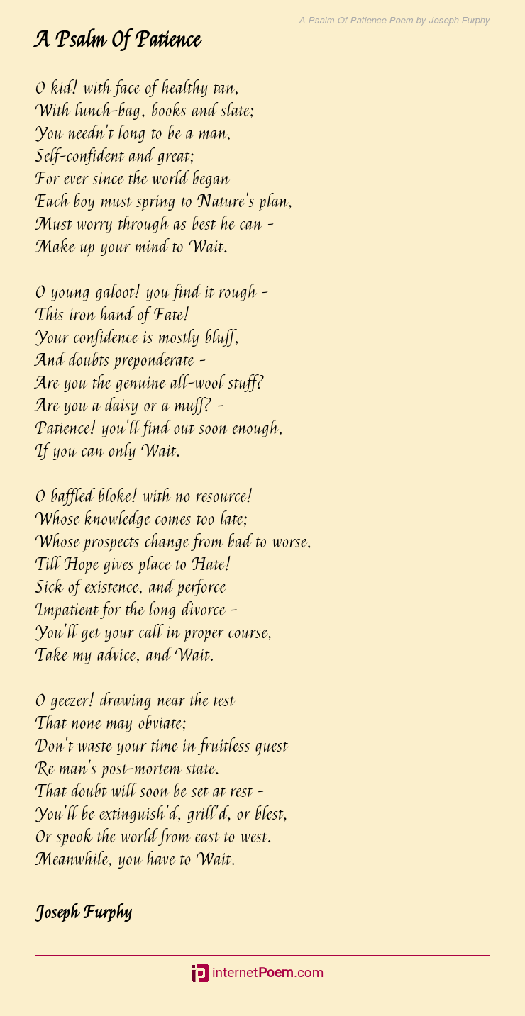A Psalm Of Patience Poem by Joseph Furphy