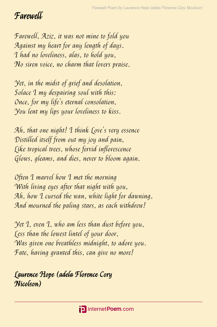 Farewell Poem by Laurence Hope (adela Florence Cory Nicolson)