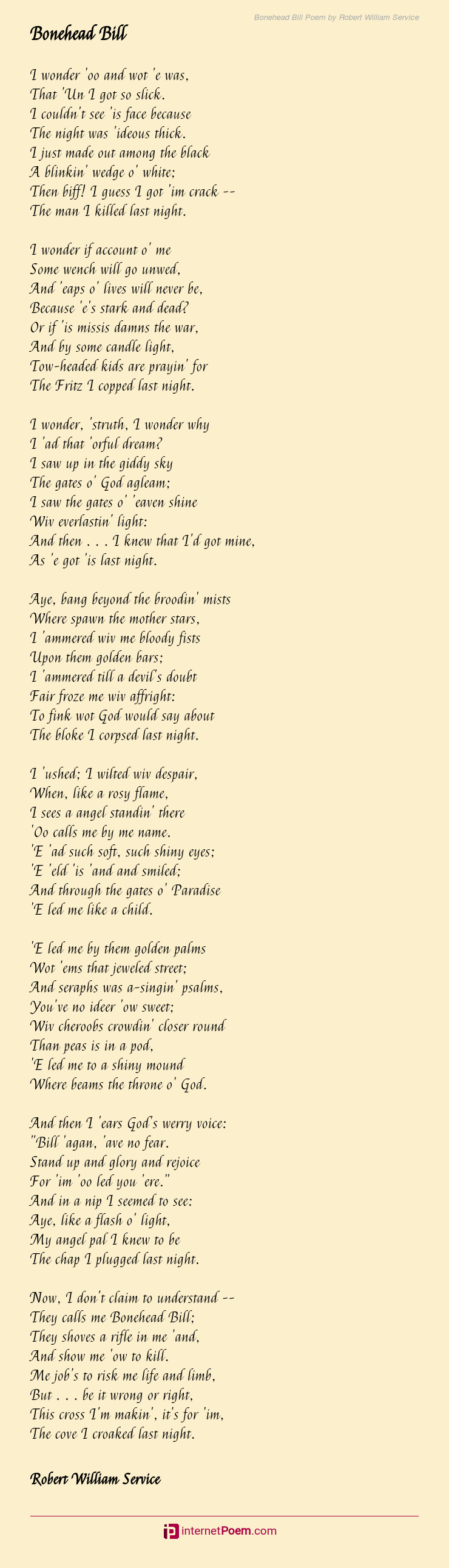 Bonehead Bill Poem by Robert William Service