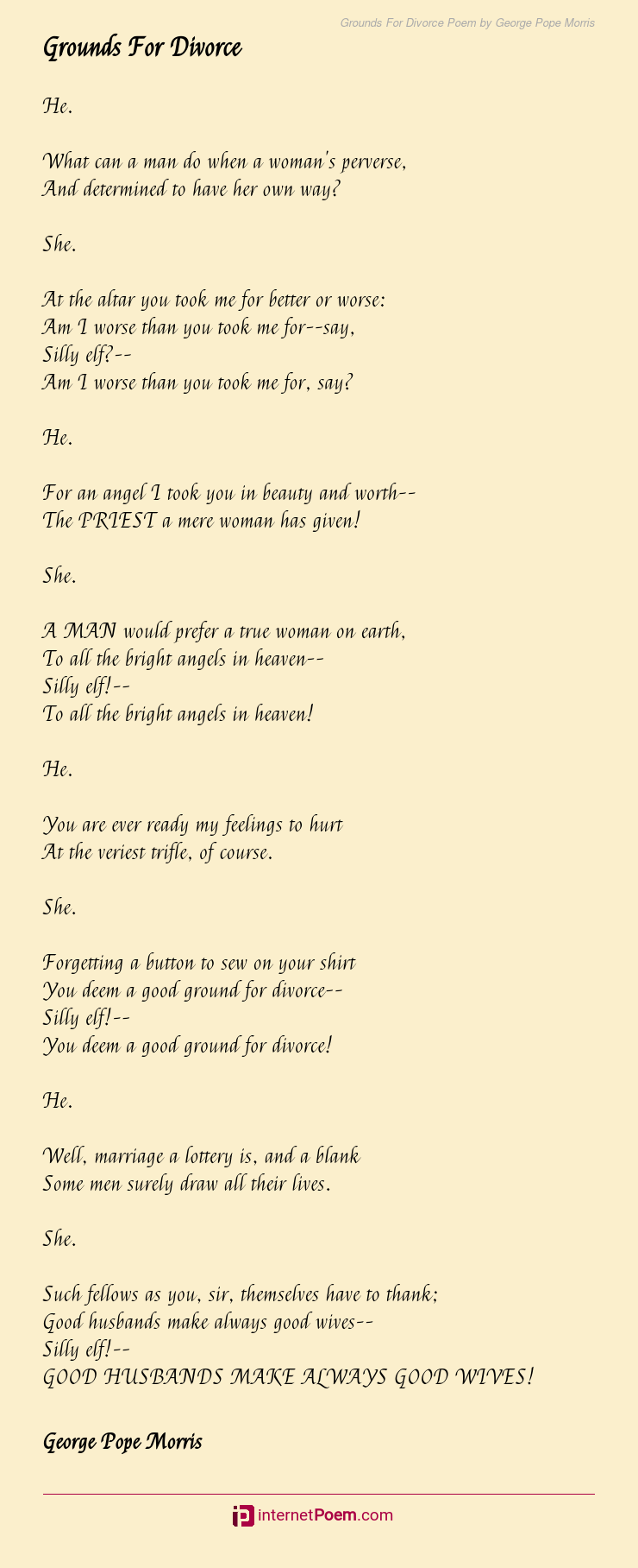 Grounds For Divorce Poem by George Pope Morris