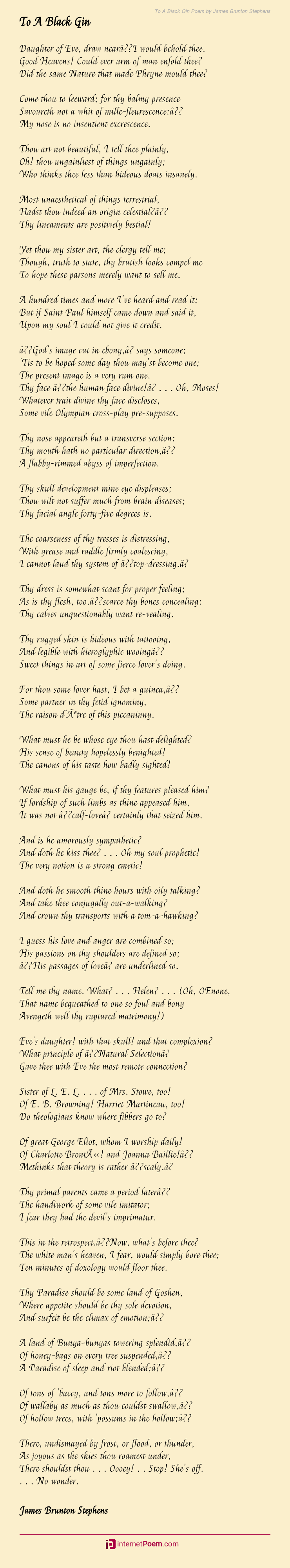 To A Black Gin Poem by James Brunton Stephens