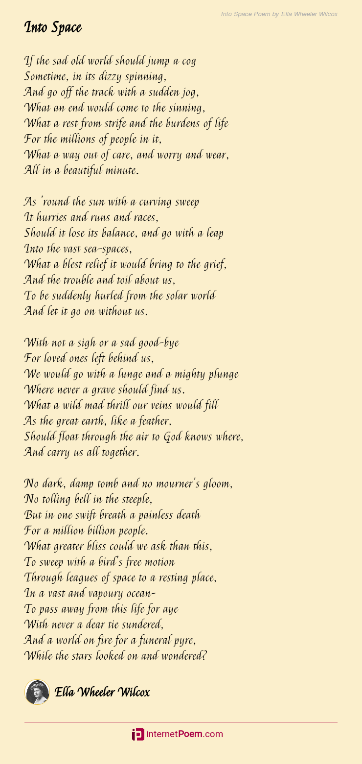 Into Space Poem by Ella Wheeler Wilcox