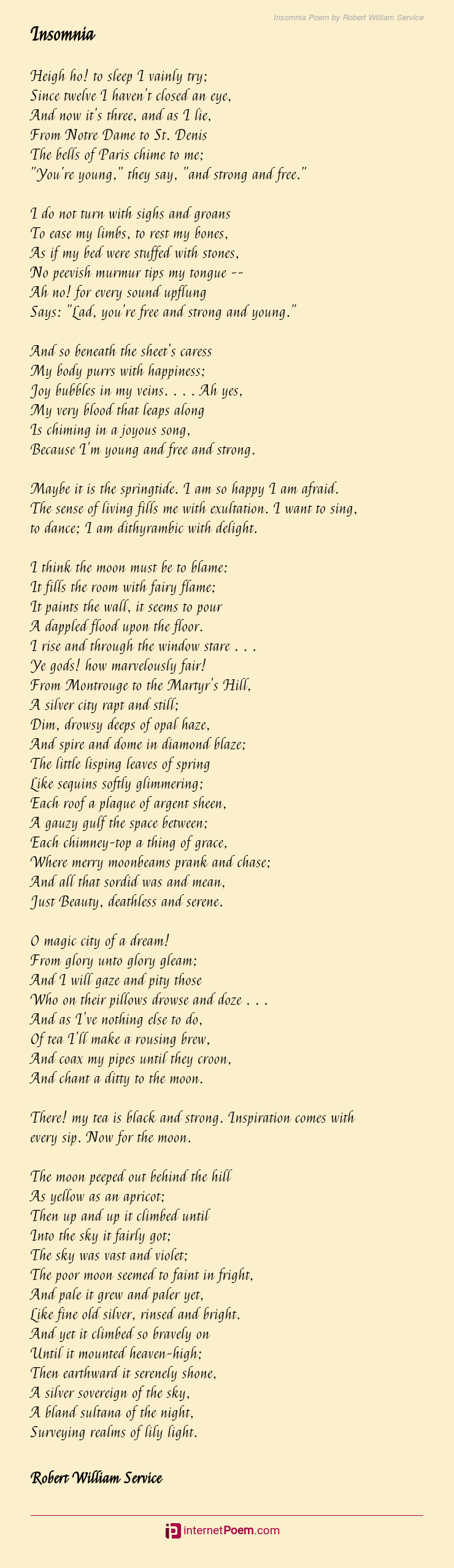 Insomnia Poem by Robert William Service