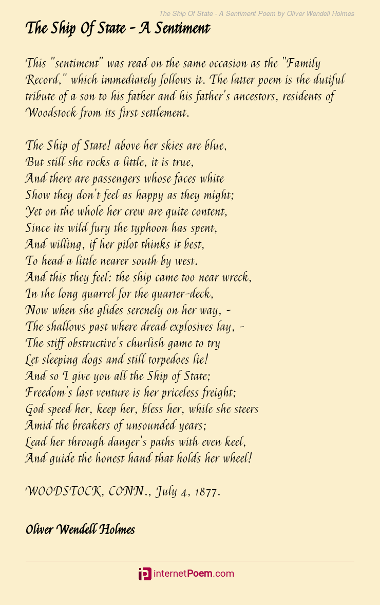 The Ship Of State - A Sentiment Poem by Oliver Wendell Holmes