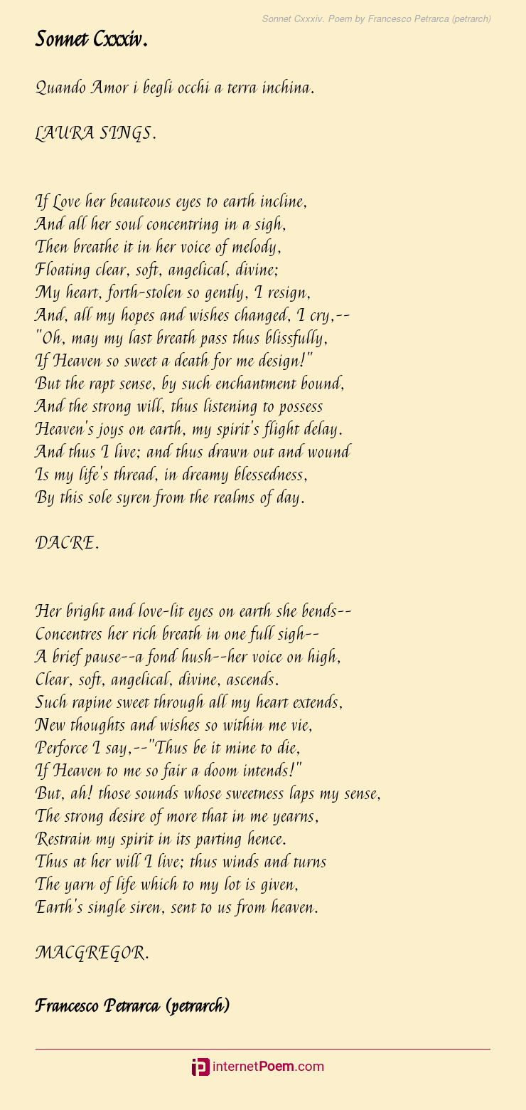 Sonnet Cxxxiv. Poem by Francesco Petrarca (petrarch)