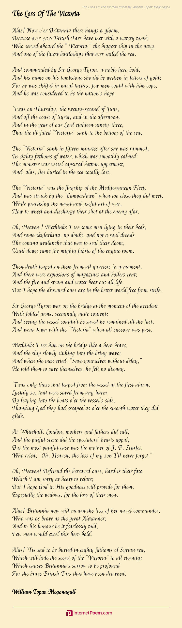 The Loss Of The Victoria Poem by William Topaz Mcgonagall