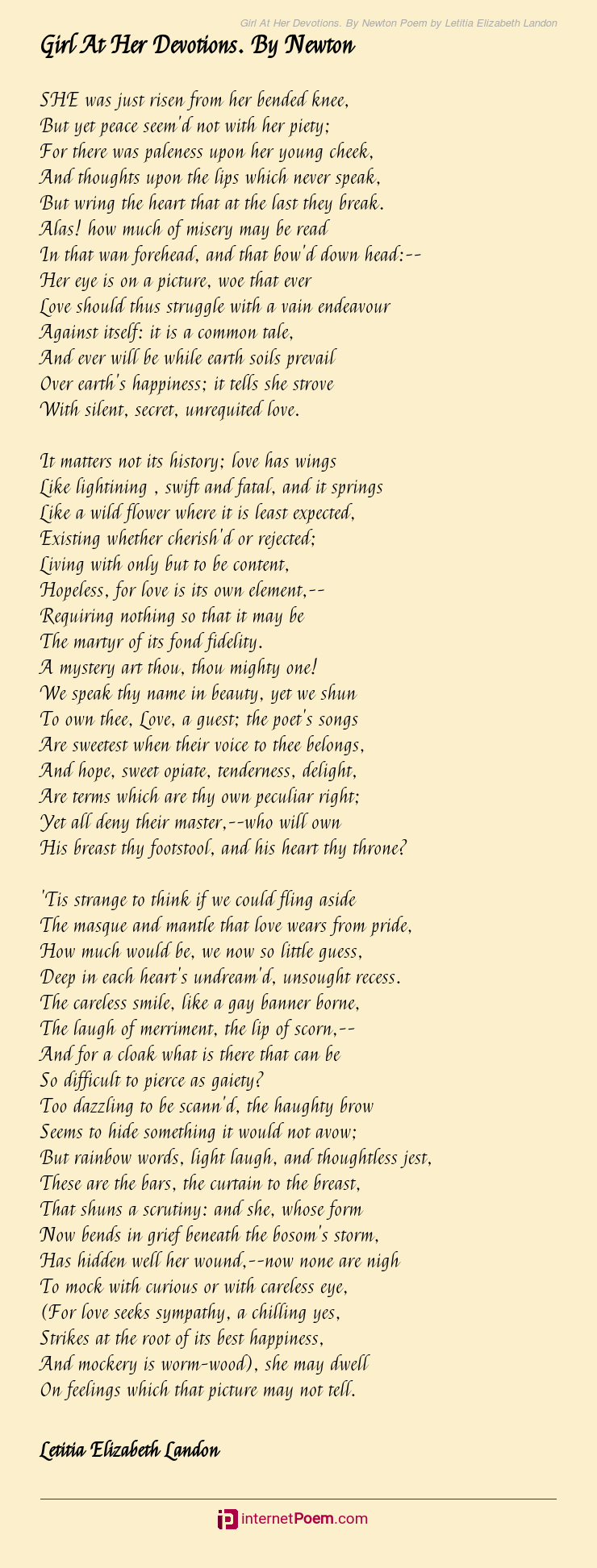 Girl At Her Devotions. By Newton Poem by Letitia Elizabeth Landon