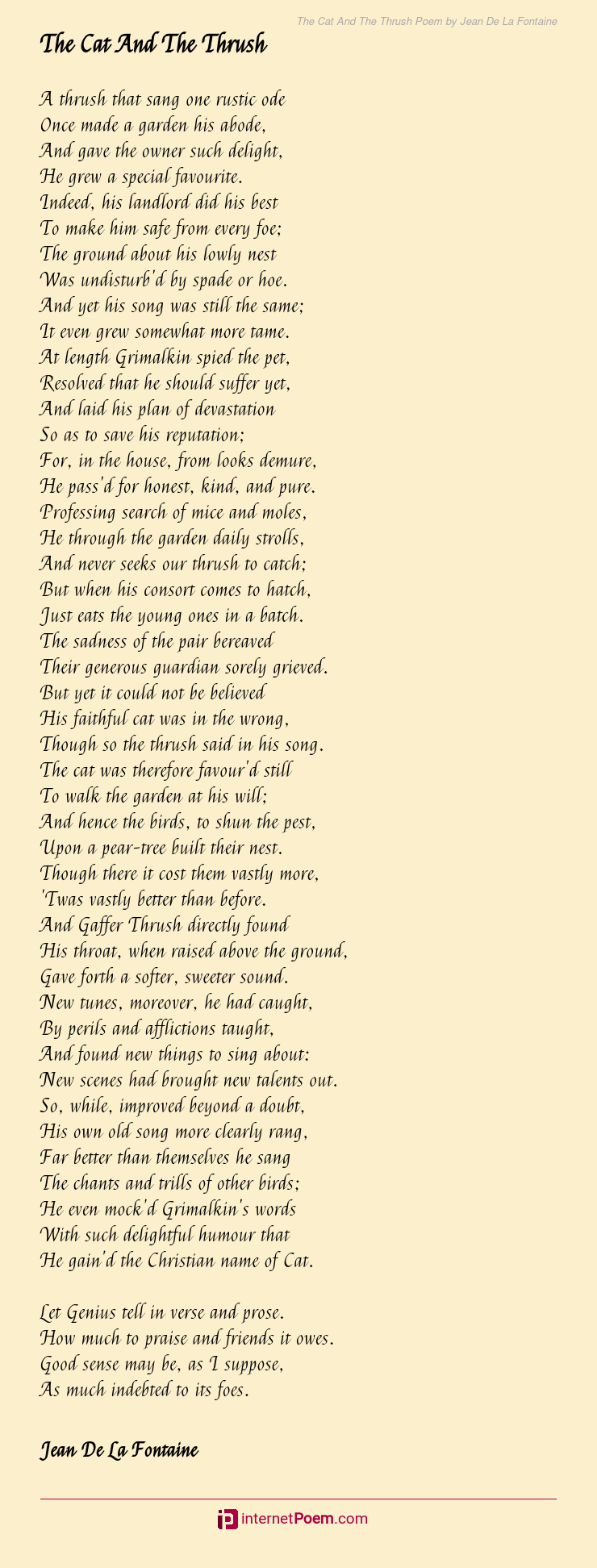The Cat And The Thrush Poem by Jean De La Fontaine