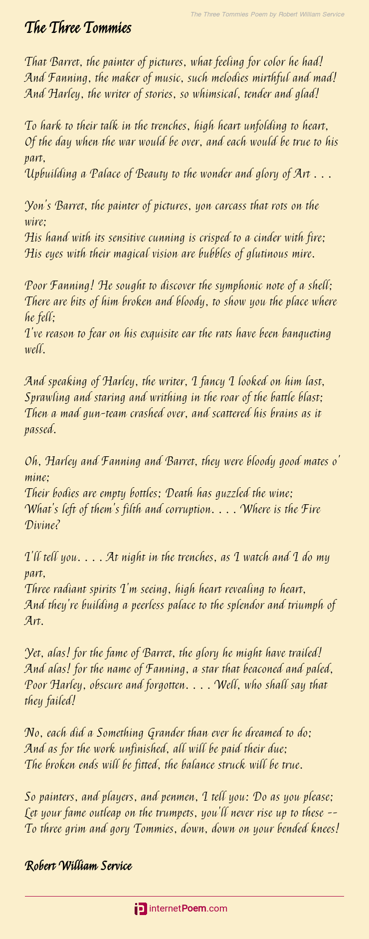 The Three Tommies Poem by Robert William Service