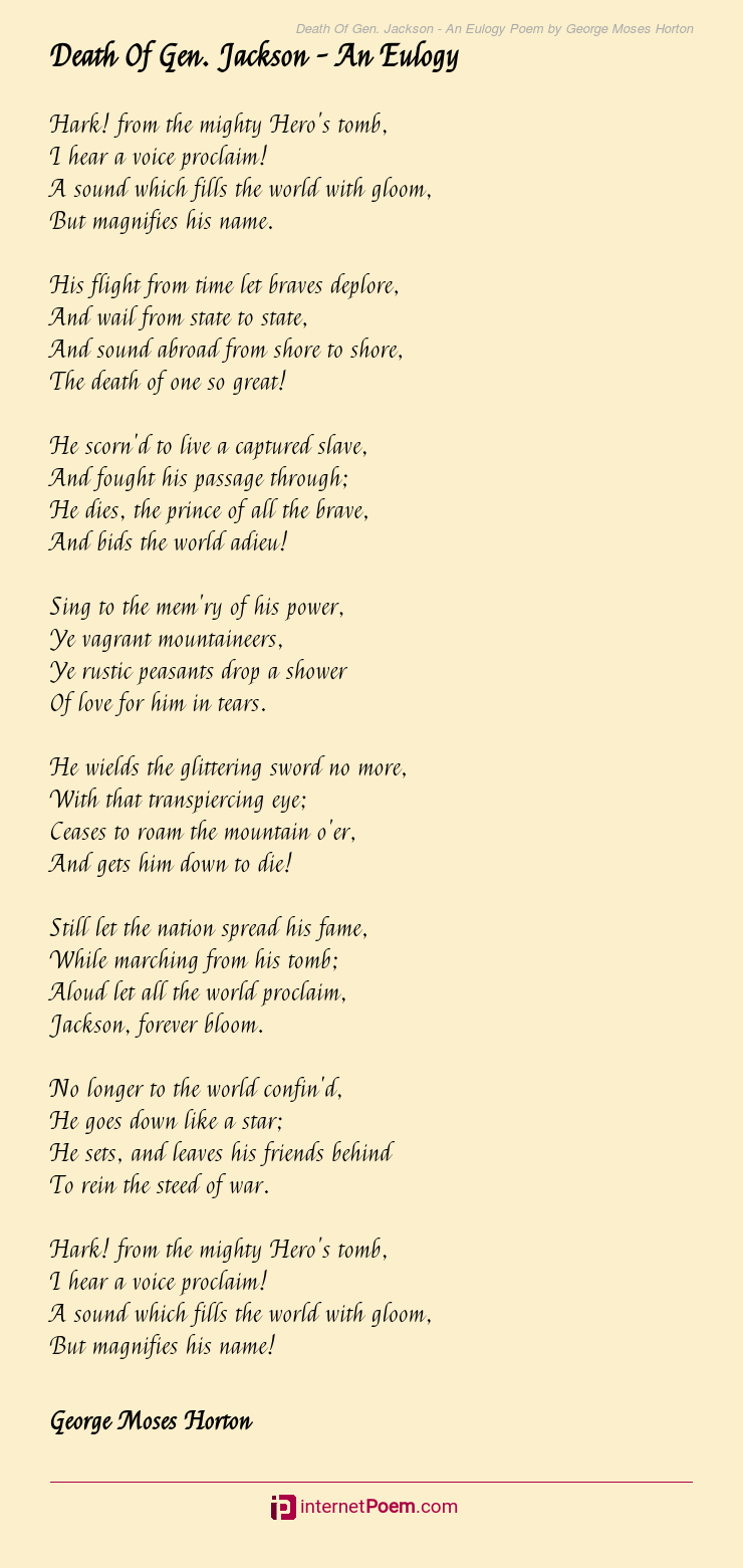 Death Of Gen. Jackson - An Eulogy Poem Rhyme Scheme